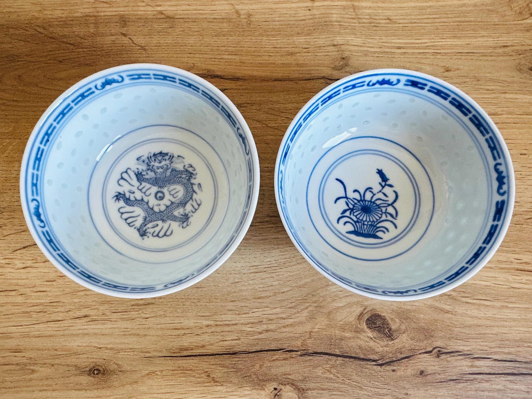Vintage Set of 2 Chinese Rice Grain Porcelain Bowl - Rice Chinese Soup ...