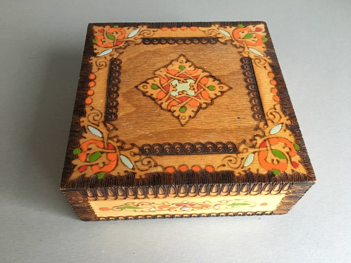 Vintage Pyrography Box - Vintage Wooden Box - Vintage Handmade Wooden ...