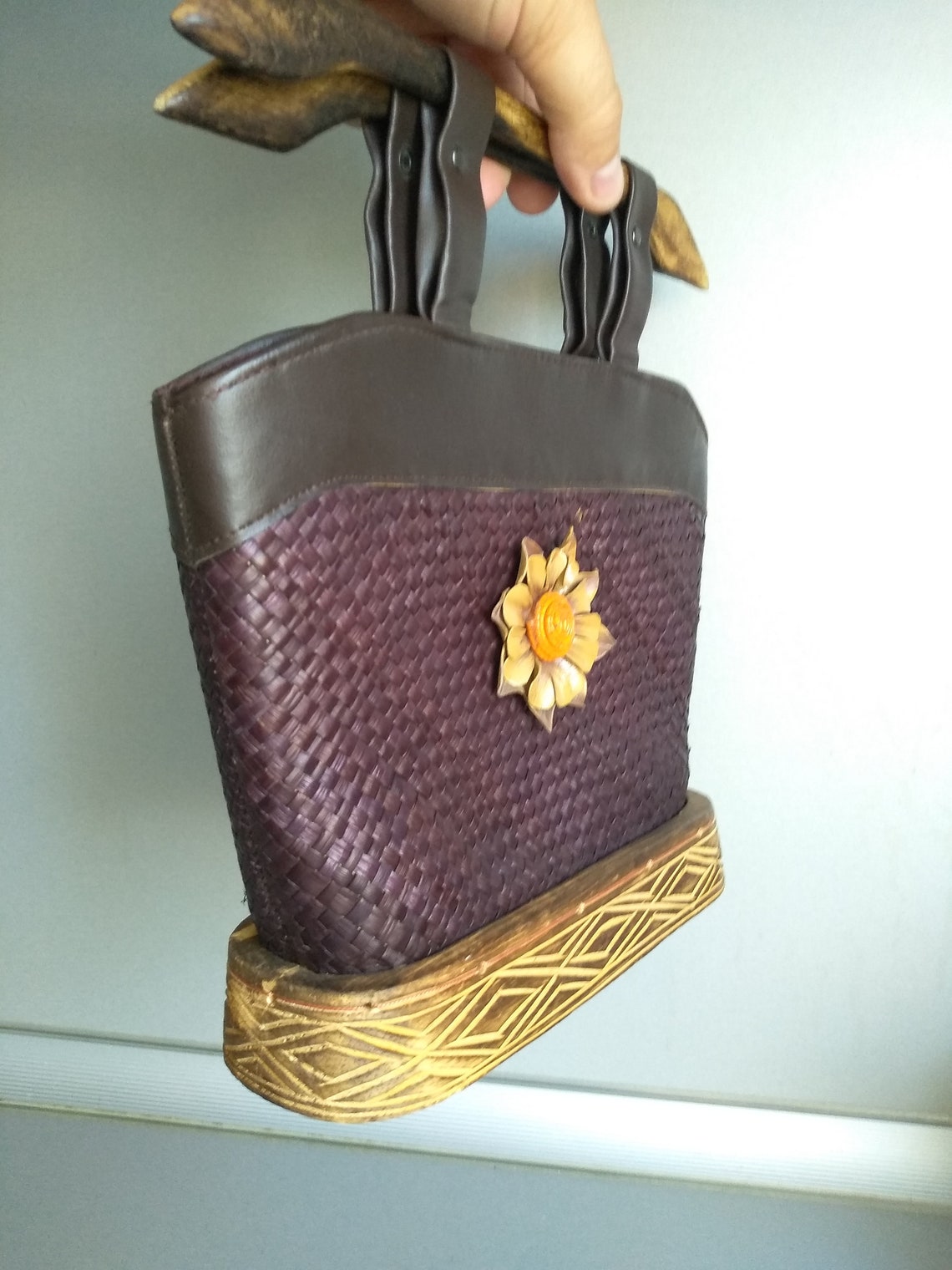 Vintage Straw Bag With Wood and Leather Handmade Straw Bag - Etsy