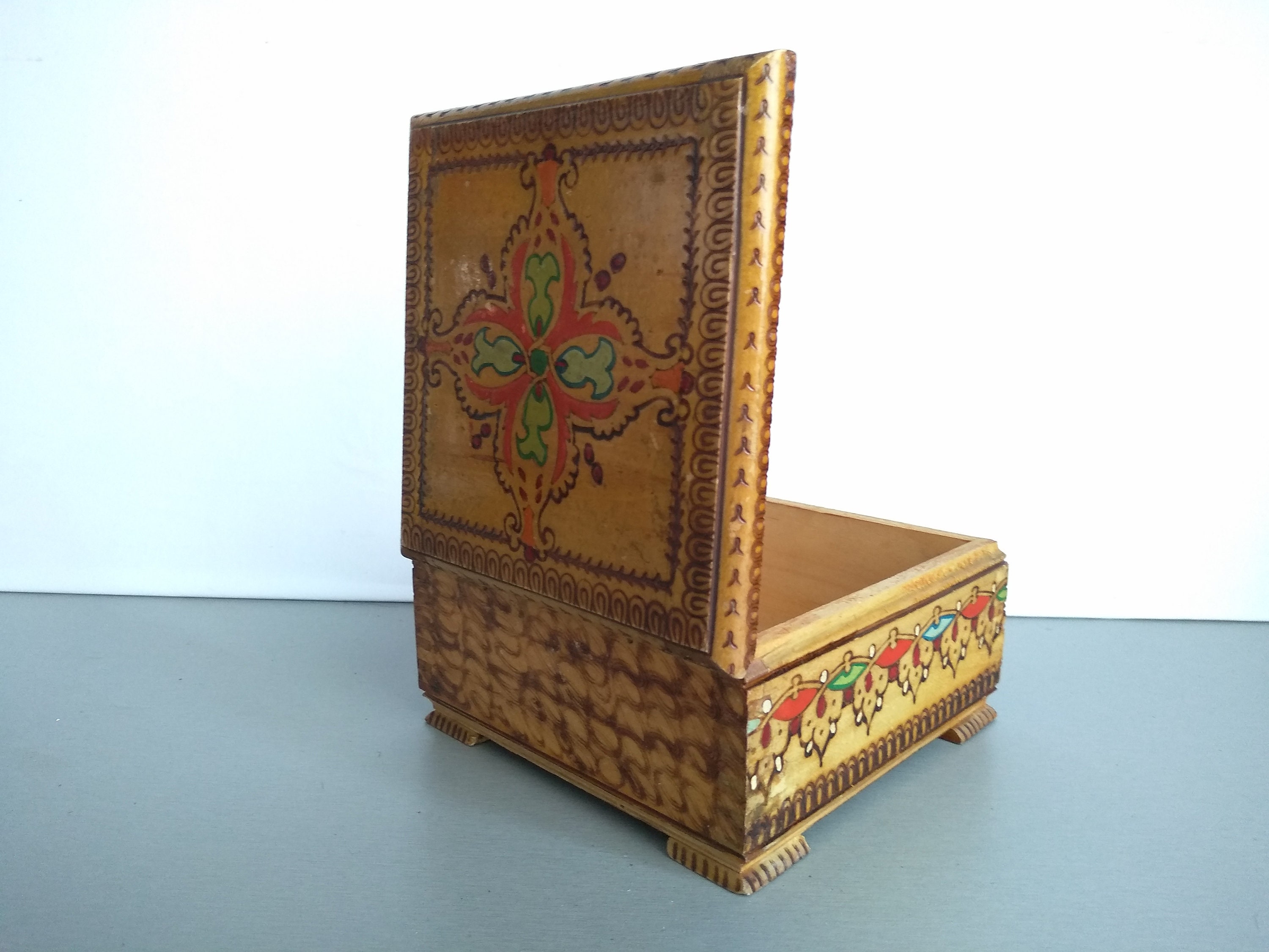 Pyrography Small Box - Vintage Wooden Box - Vintage Handmade Wooden Box ...
