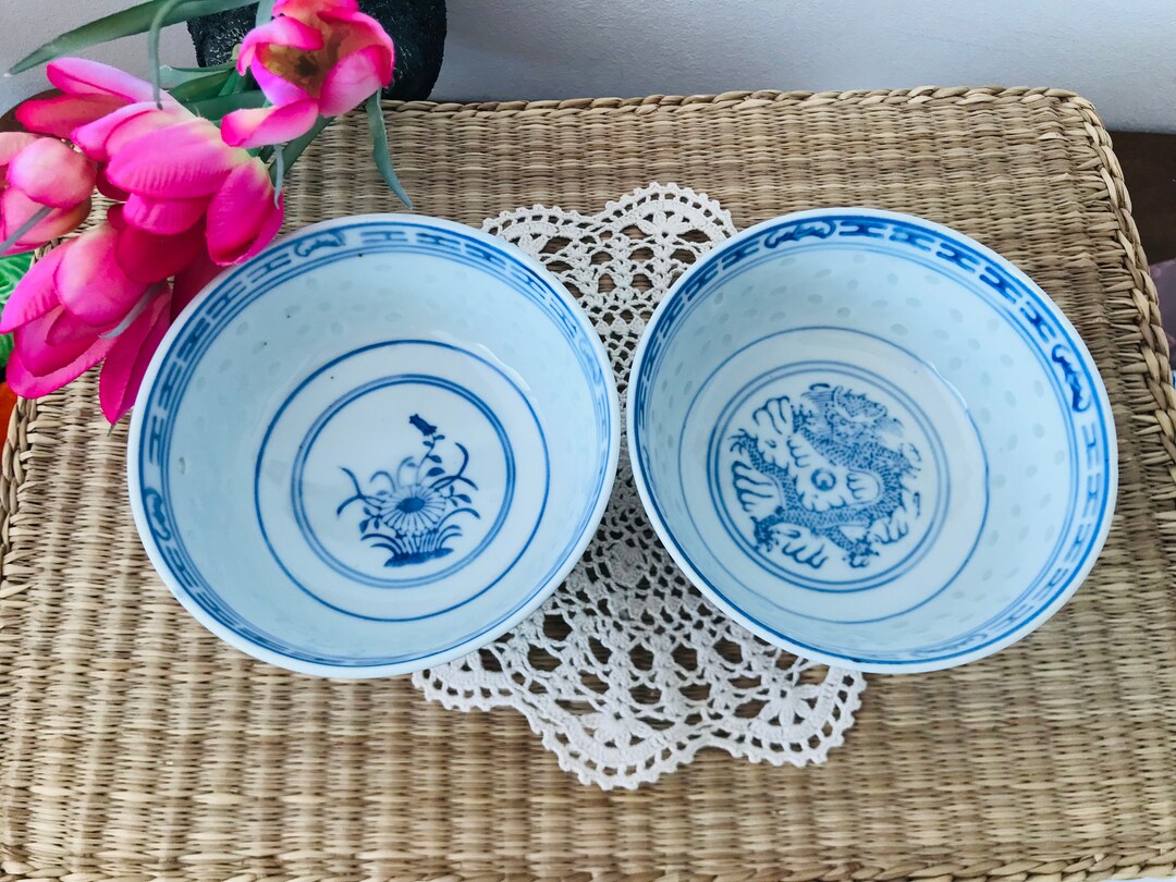 Vintage Set of 2 Chinese Rice Grain Porcelain Bowl - Rice Chinese Soup ...