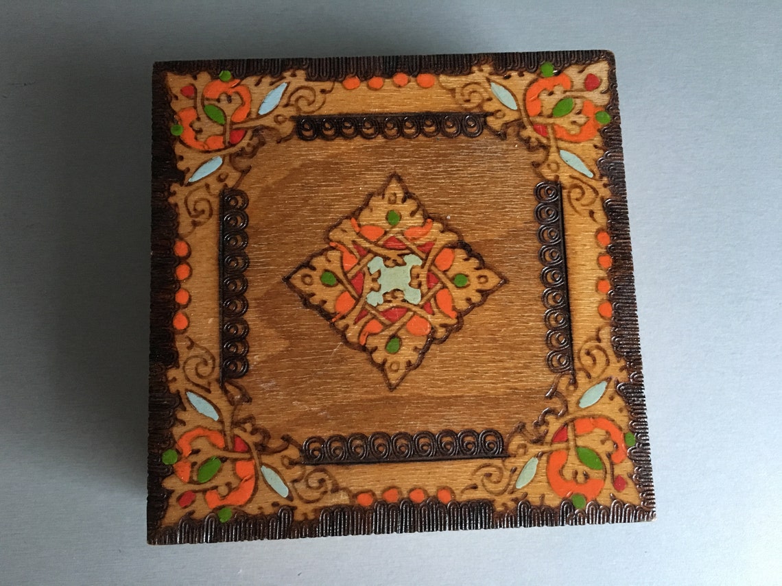 Vintage Pyrography Box - Vintage Wooden Box - Vintage Handmade Wooden ...