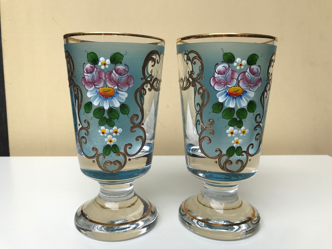 Vintage Set of 2 Hand Painted Glass - Hand Painted Goblets - Colourful ...