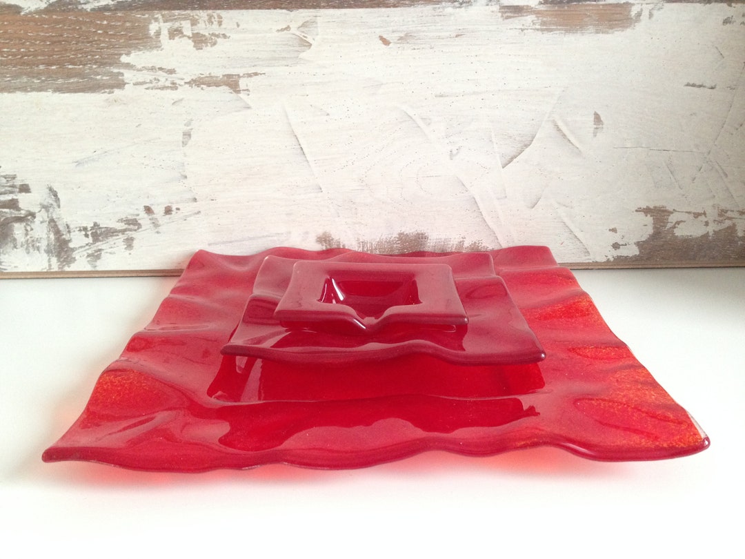 Set of 2 Red Glass Plates and One Ashtray - Red Glass Ashtray - Red ...