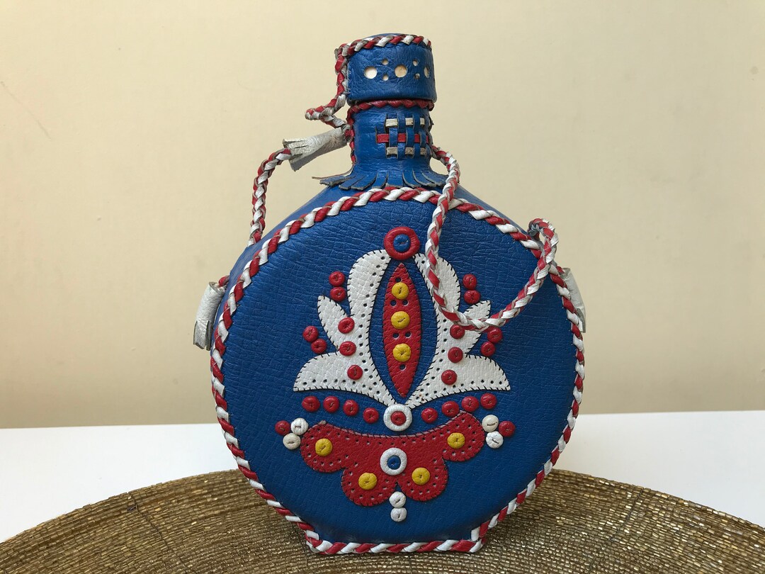 Vintage Glass With Genuine Leather Water Flask - Hand Made Glass Flask ...