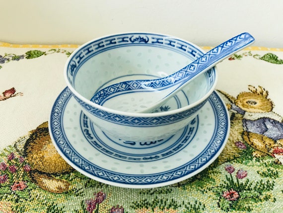 Vintage Chinese Blue and White Rice Grain Pattern Trio Set | Etsy
