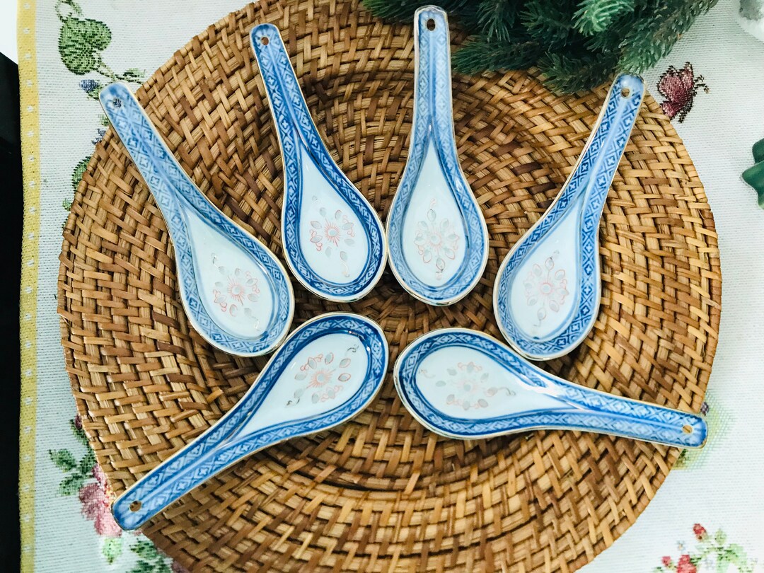 Vintage Set of 6 Chinese Porcelain Soup Spoon - Chinese Spoons Blue and ...
