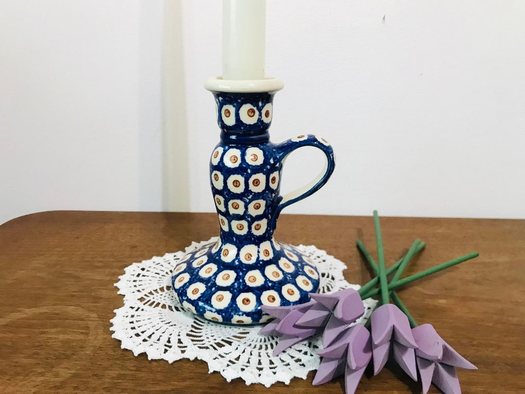 Vintage BOLESLAWIEC Handmade Candlestick With Handle Boleslawiec Polish ...