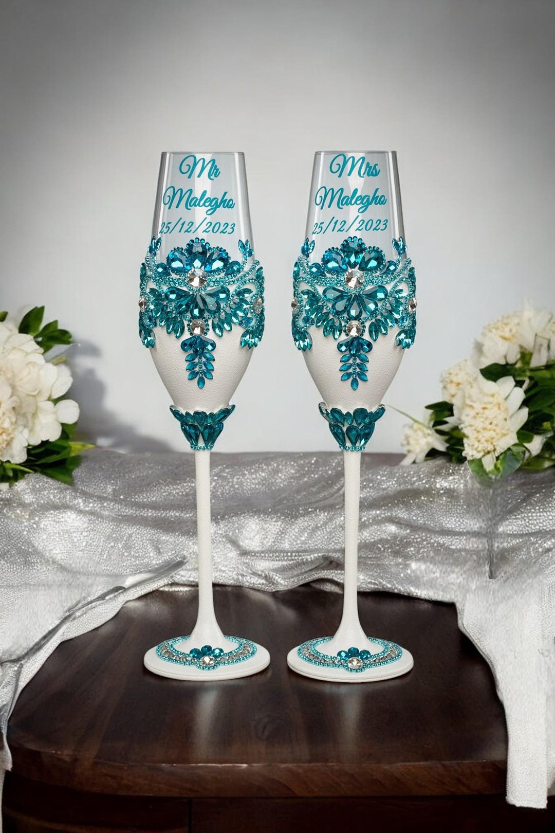 White Wedding Flutes With Turquoise Rhinestones, Personalized Cake ...