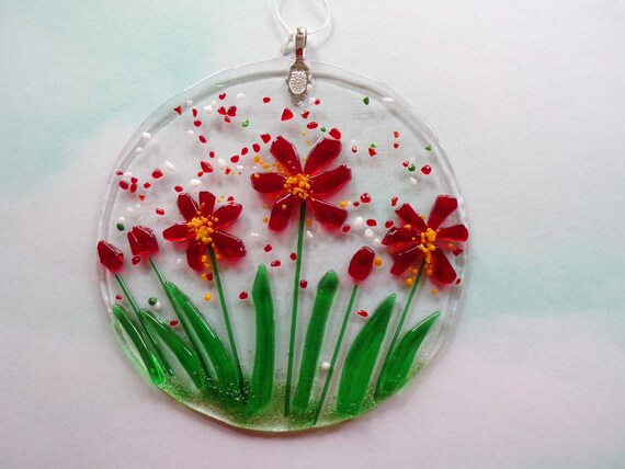 Red Floral Glass Sun Catcher | Etsy