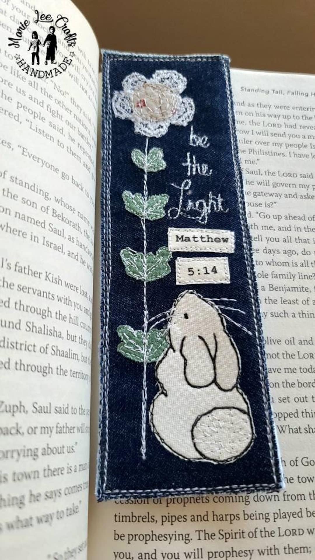 Denim Bookmark: Christian Fabric With Embroidered Bunny - Etsy