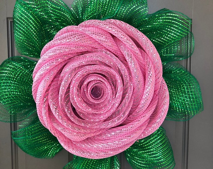 Pink Rose Deco Mesh Wreath, Mothers Day Flower Wall Hanging, Kats ...