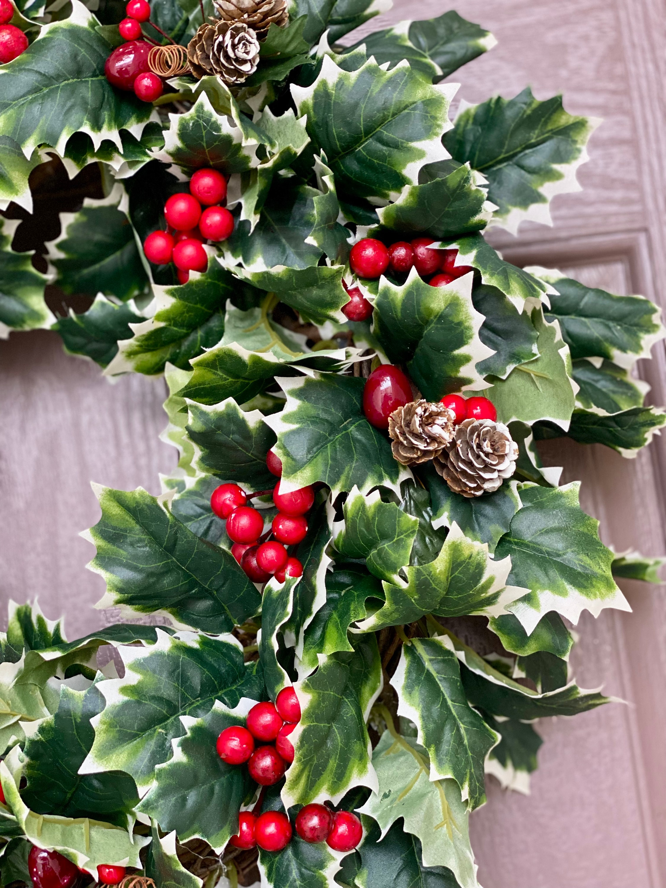Holly Wreath/ Christmas Holly Wreath With Berries and Pinecones/winter ...
