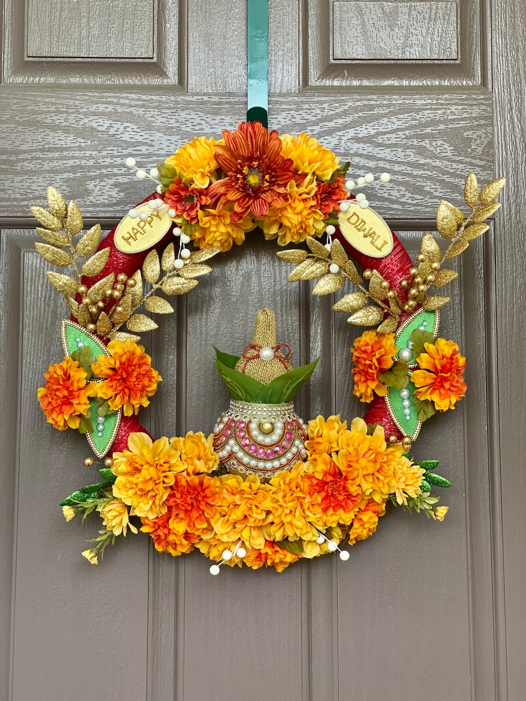 Diwali Wreath: Handmade Festive Floral Decor With Shubh Kalash - Etsy