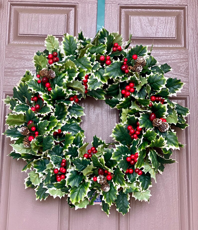 Holly Wreath/ Christmas Holly Wreath With Berries and Pinecones/winter ...