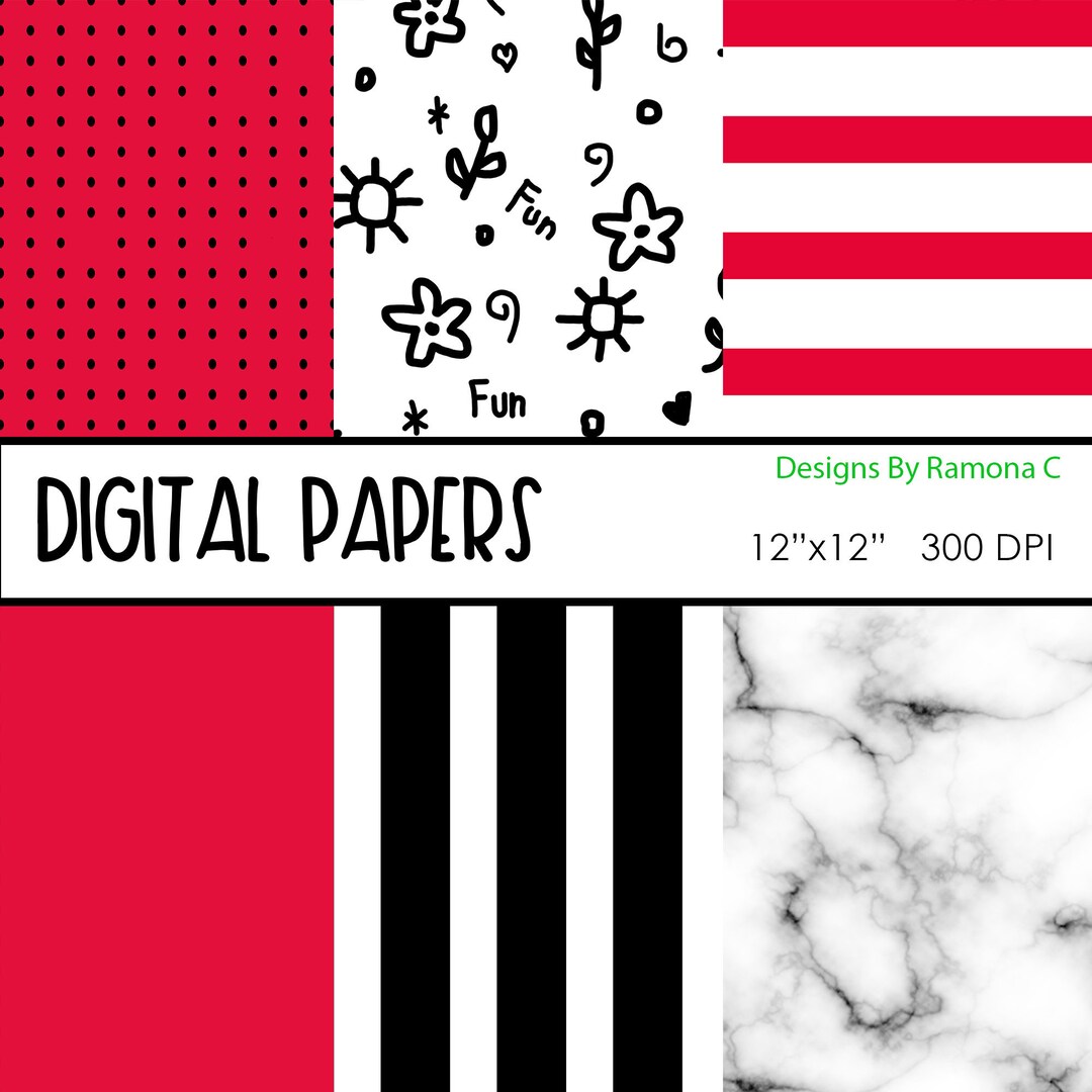 Digital Paper - Printable - Red, White and Black Pattern Paper - 6 ...