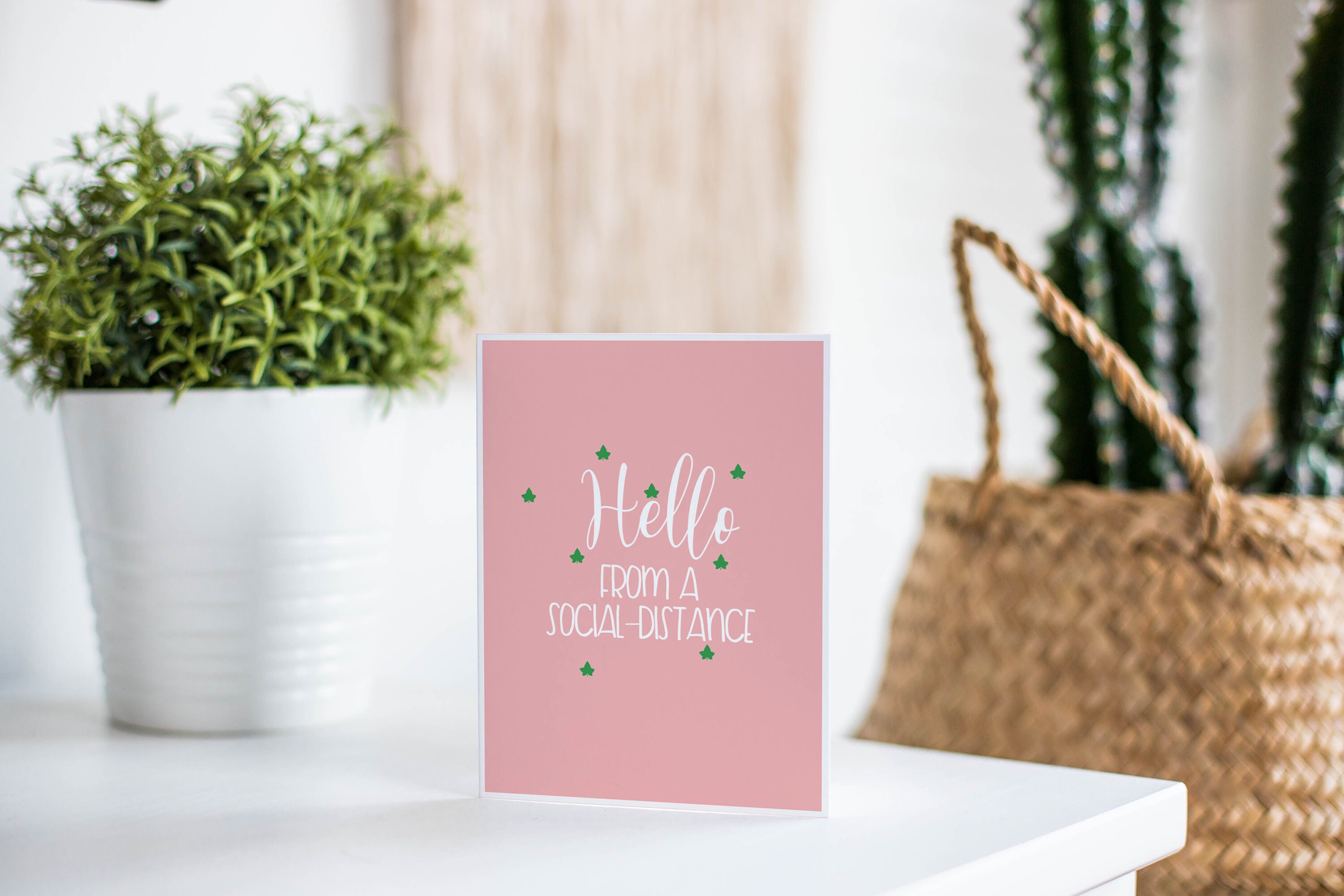 Hello Note Card - Social Distance Message - Pink and Green - A2 Folded ...