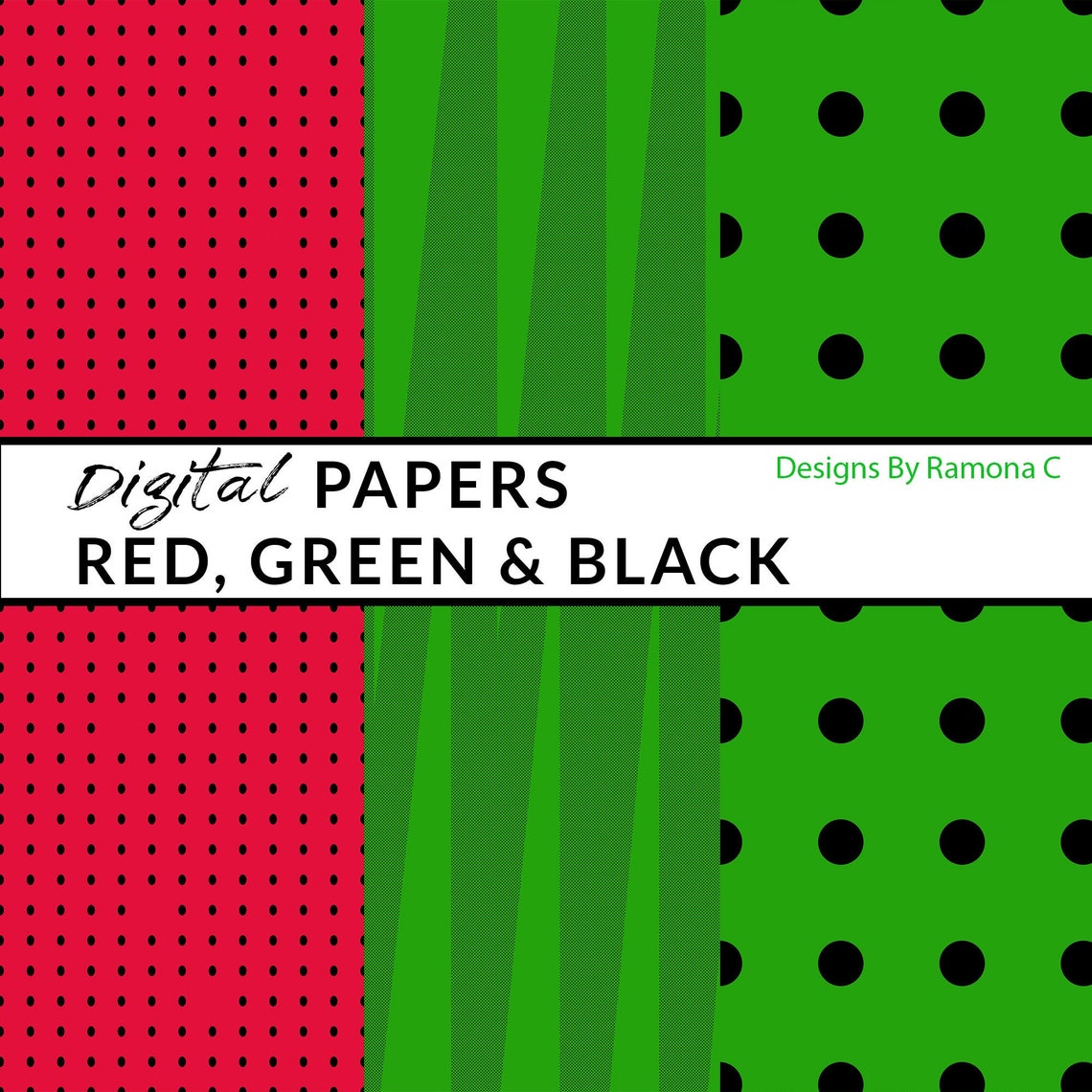 Digital Paper, Printable, Red, Green and Black Pattern Paper, 3 ...
