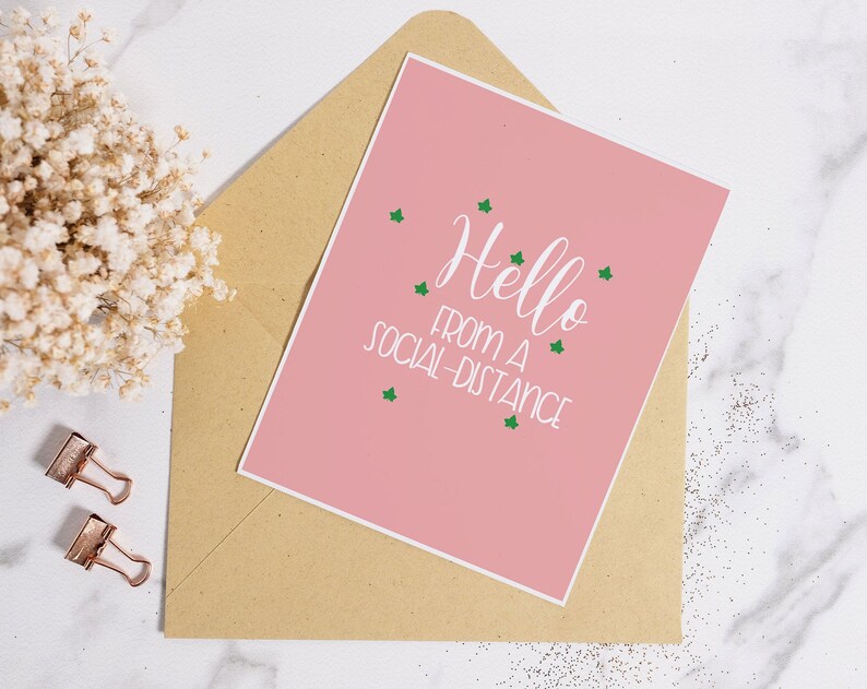 Hello Note Card Social Distance Message Pink and Green A2 Folded Blank ...