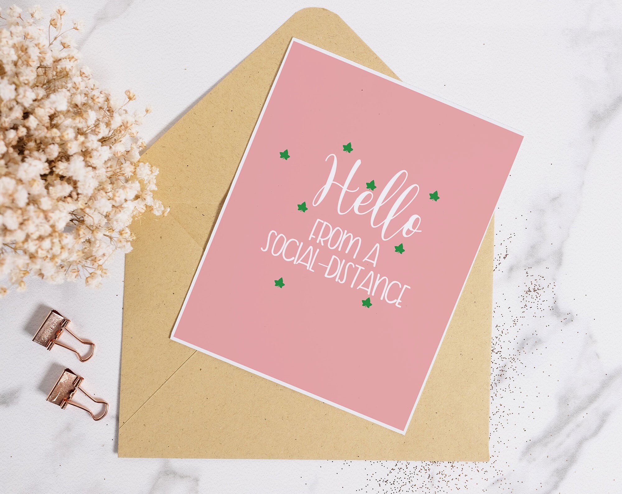 Hello Note Card Social Distance Message Pink and Green A2 Folded Blank ...