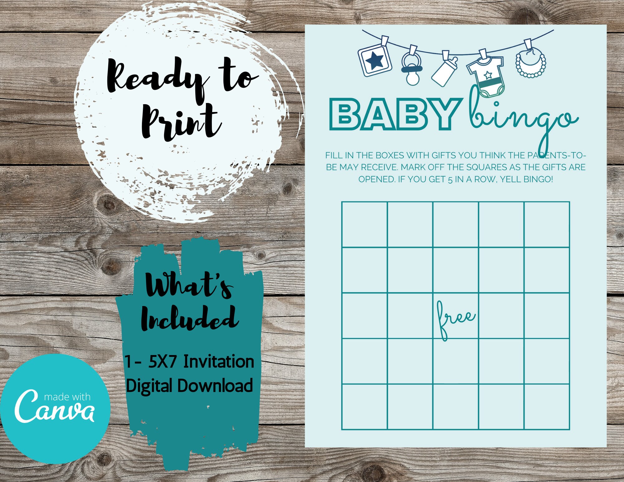 Blue Baby Shower Bingo Baby Shower Games Downloadable Template Canva ...