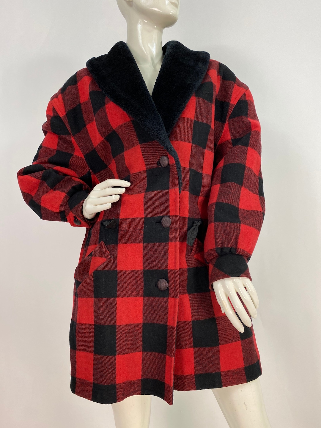 Vintage Red and Black Checkered Coat, 1980s Plaid Coat, Arriva Vintage ...