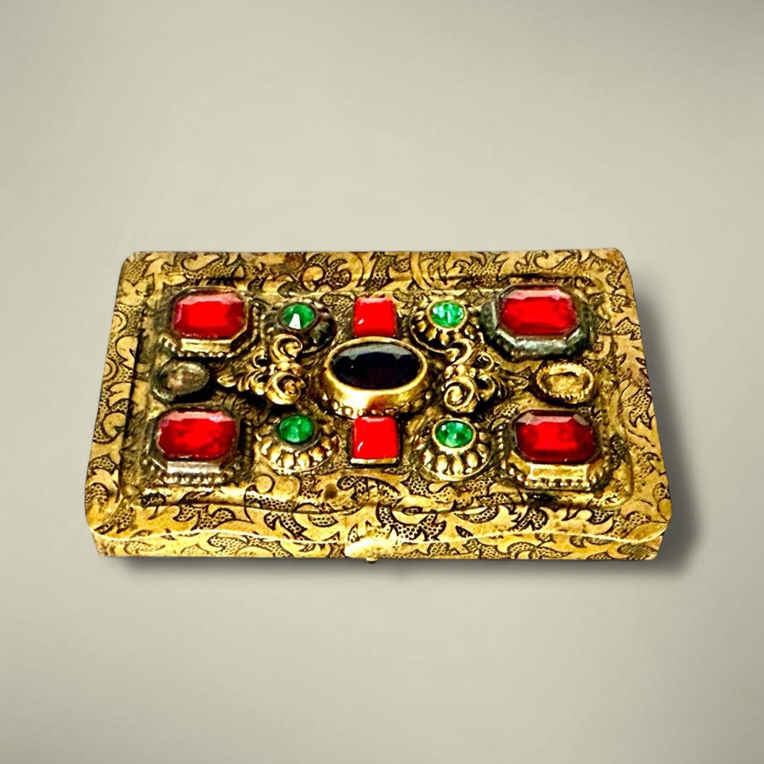 Art Deco Brass Calling Card Case: Czech Scrollwork, Glass Cabochons. - Etsy
