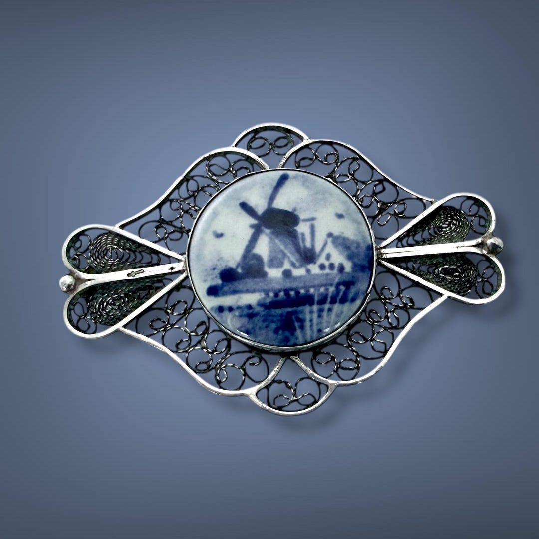 Delft Porcelain Brooch With Windmill and Silver Filigree - Etsy