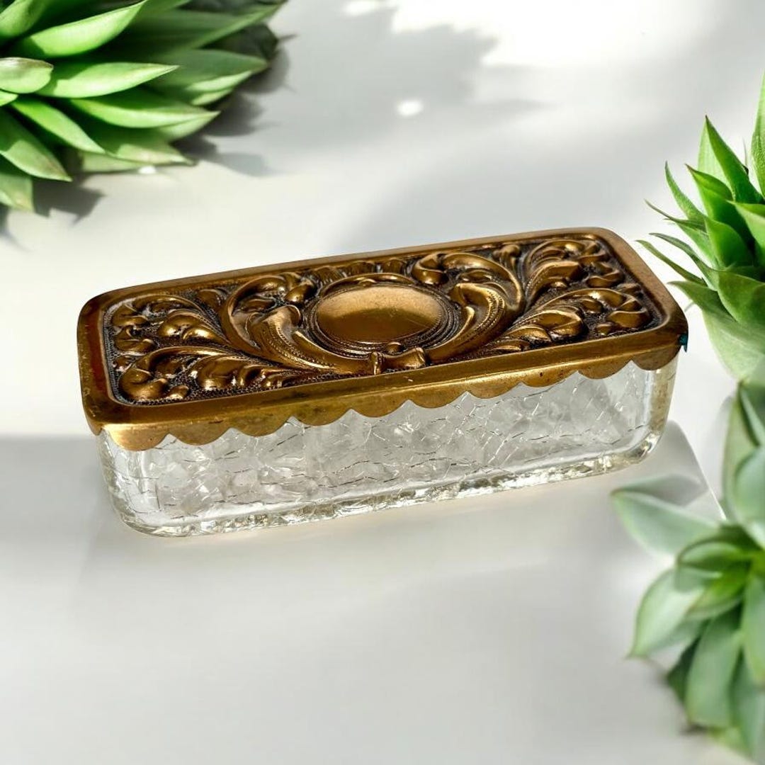 Vintage Glass Box With Embossed Lid - Etsy