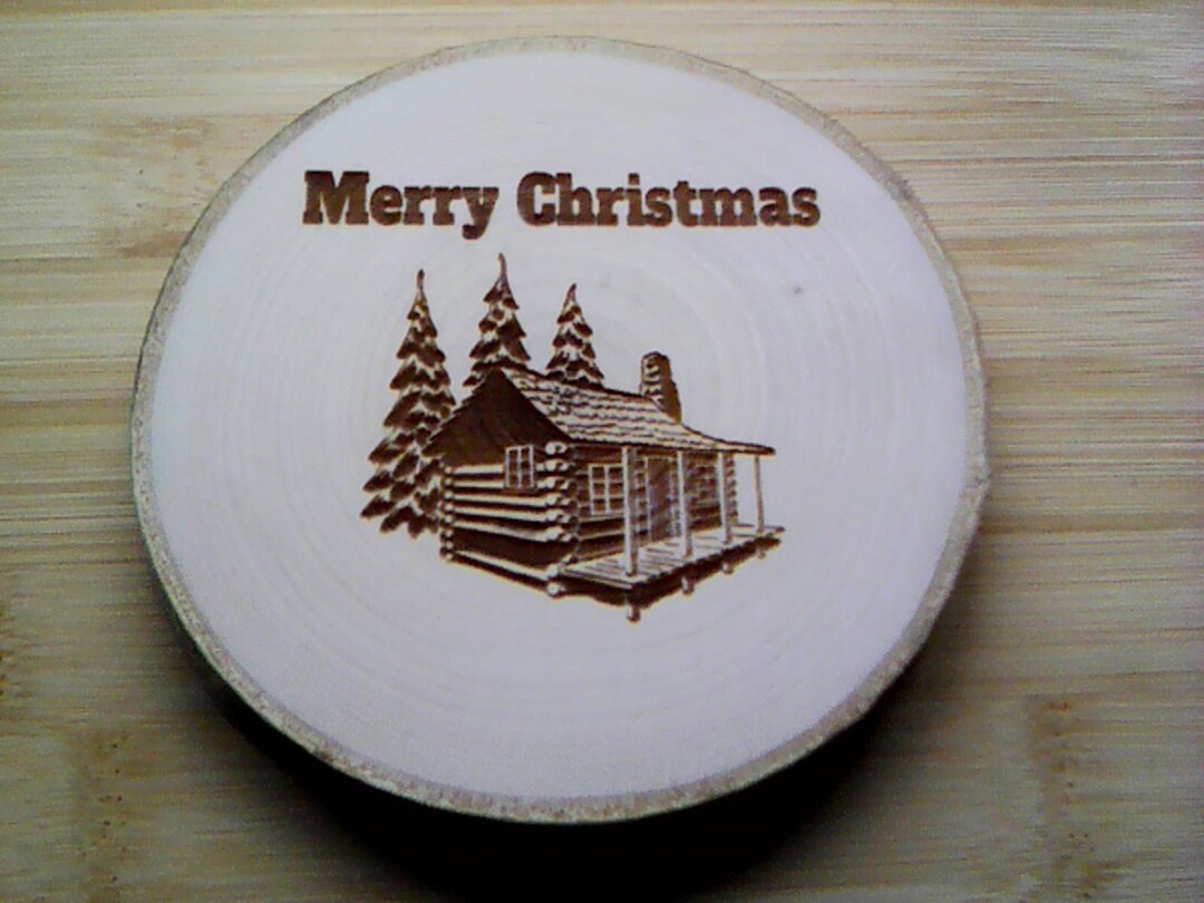 Merry Christmas Log Cabin Wood Slice Christmas Ornament or Magnet ...