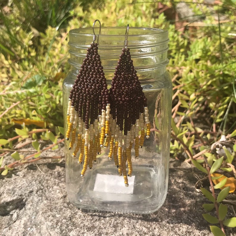 Brown and Mustard Seed Bead Earrings - Etsy