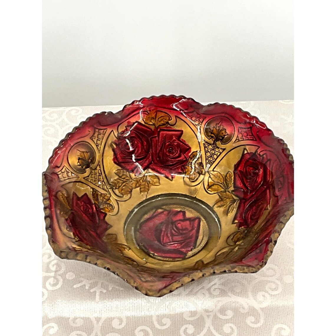 Victorian Goofus Vintage Rose-patterned Red & Gold Glass Bowl ...