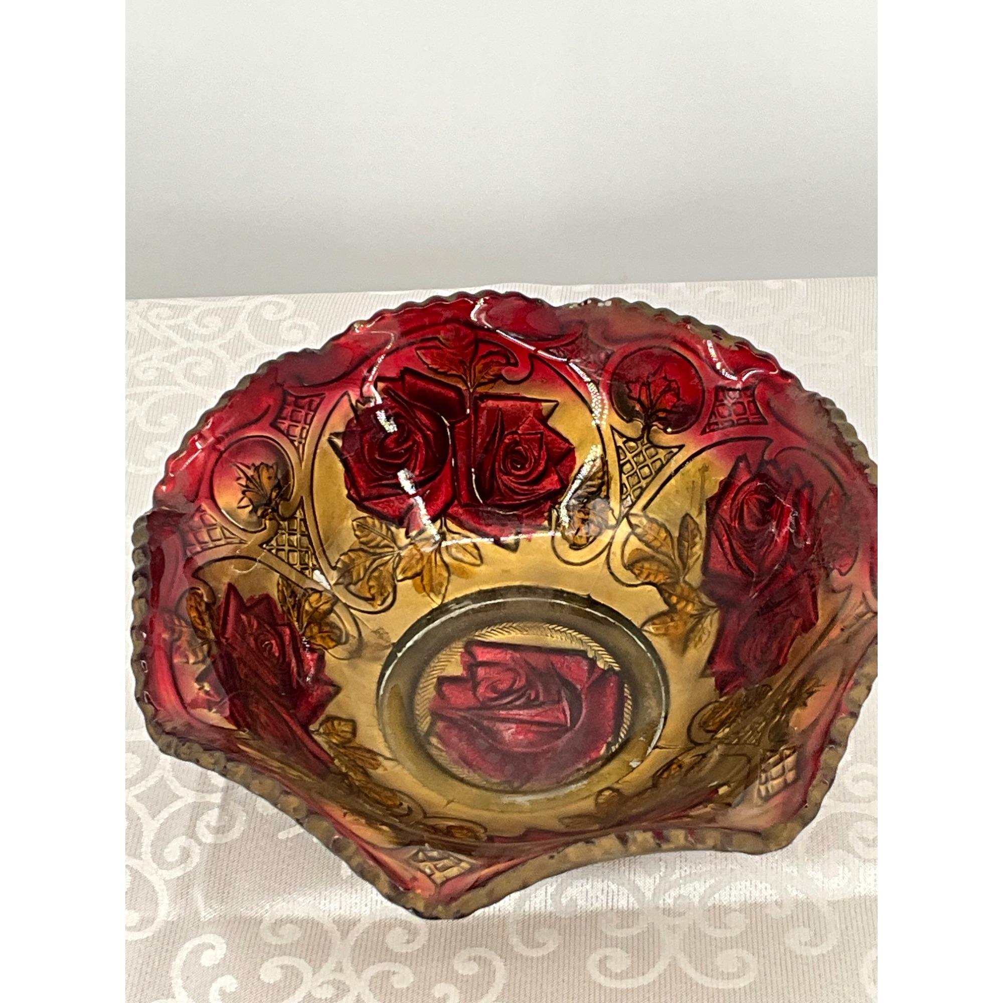 Victorian Goofus Vintage Rose-patterned Red & Gold Glass Bowl ...