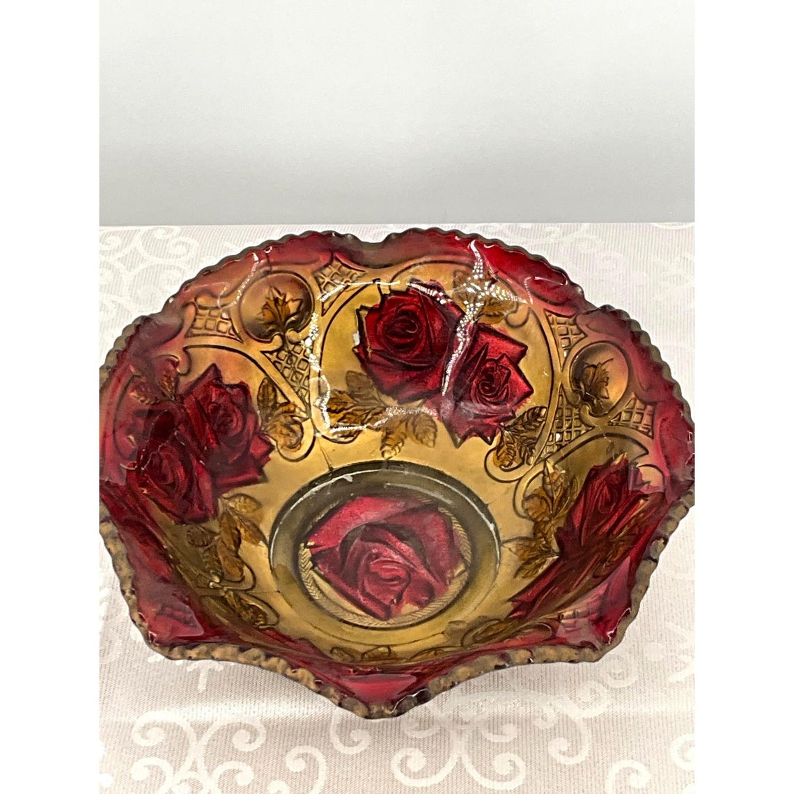 Victorian Goofus Vintage Rose-patterned Red & Gold Glass Bowl ...
