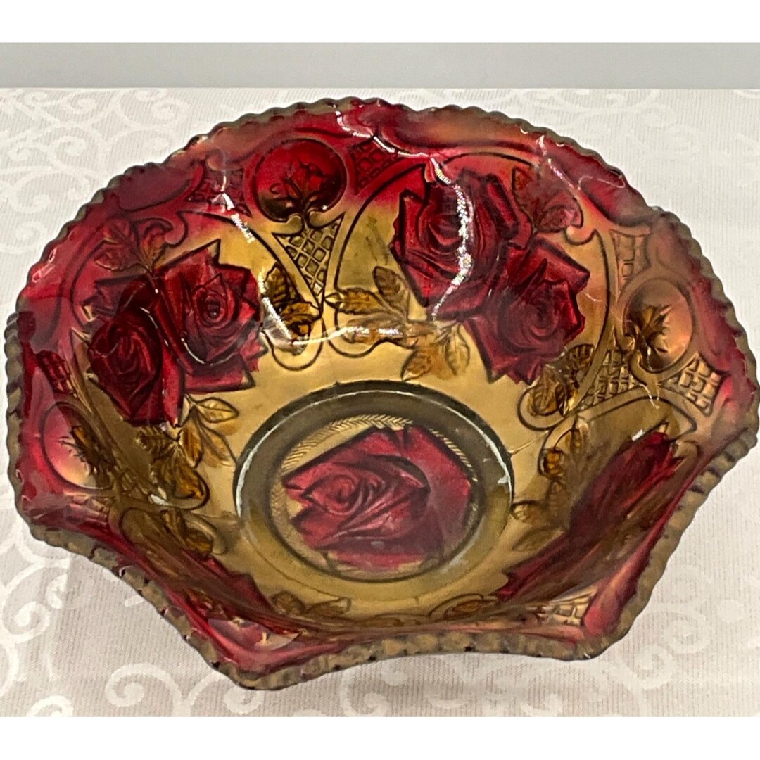 Victorian Goofus Vintage Rose-patterned Red & Gold Glass Bowl ...
