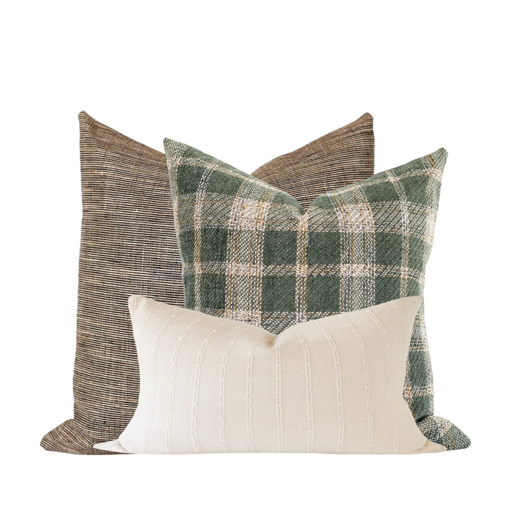 Earthy Neutral Throw Pillows, Textured Throw Pillows, Green Plaid ...