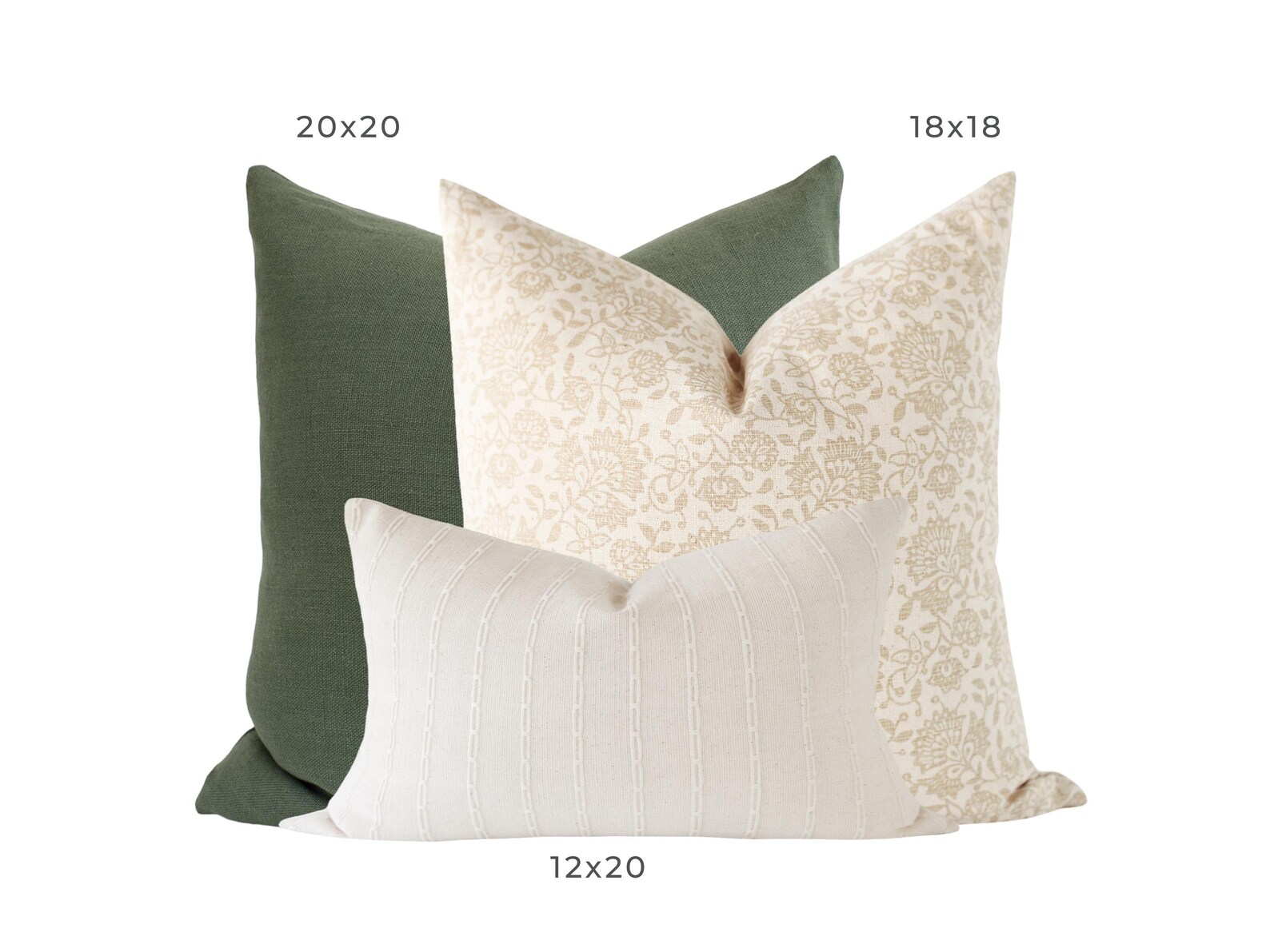 Earthy Pillow Cover Set: Green Linen, Floral Line Art, Cream Stripe - Etsy