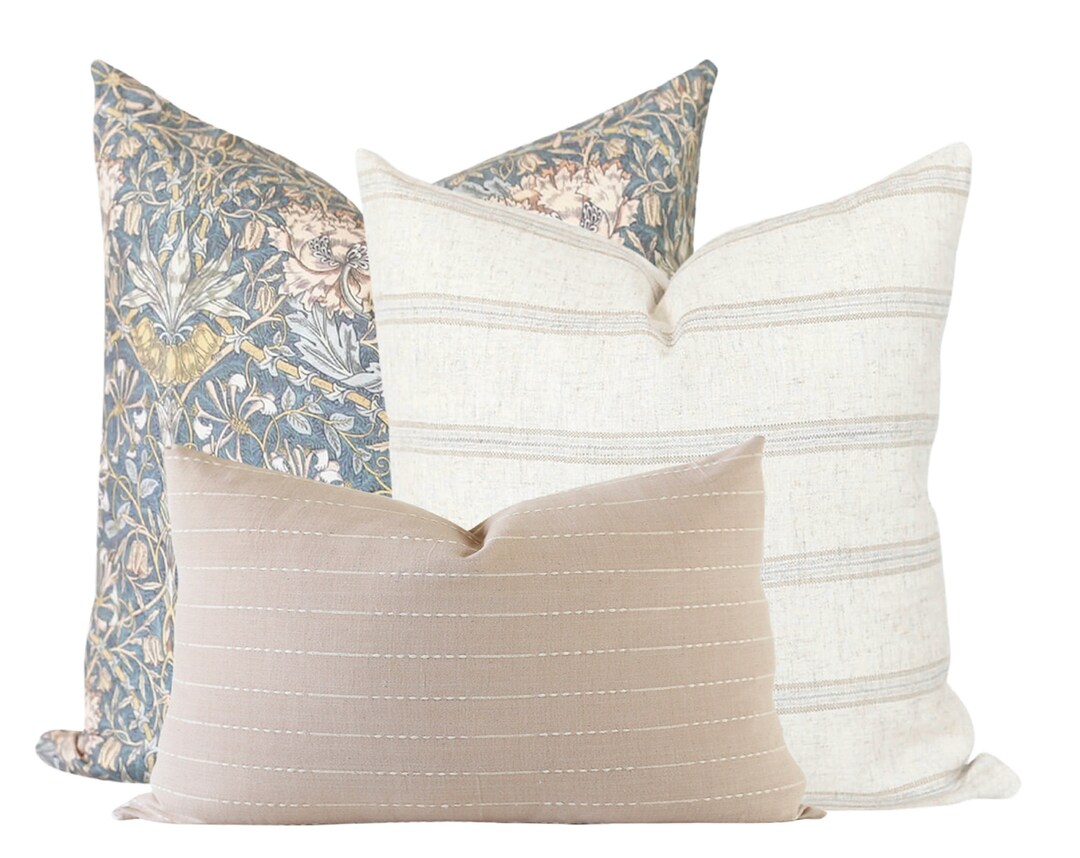 Pillow Combination Set Blue Floral Pillow Beige Pillow - Etsy