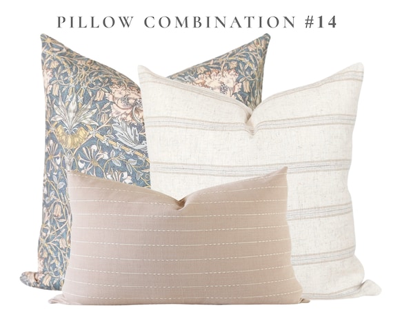 Pillow Combination Set Blue Floral Pillow Beige Pillow - Etsy