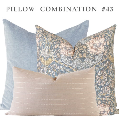 Pillow Combination Set Blue Floral Pillow Beige Pillow - Etsy