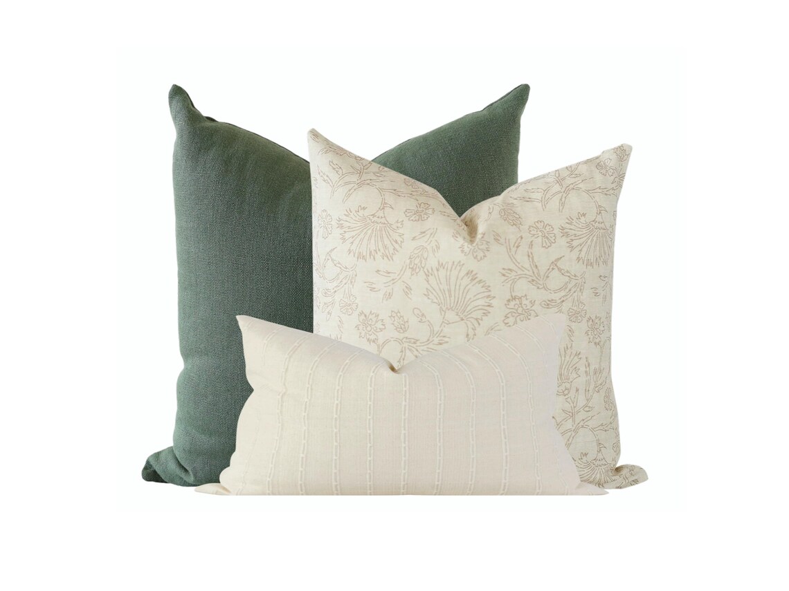 Earthy Pillow Cover Set: Green Linen, Floral Line Art, Cream Stripe - Etsy