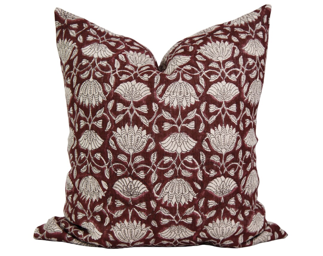 Floral Block Print Pillow Cover, Maroon Pillows, Farmhouse Covers, Dark ...