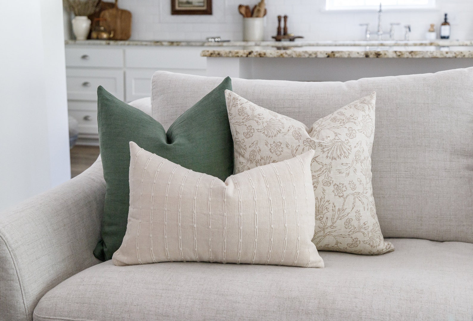 Earthy Pillow Cover Set: Green Linen, Floral Line Art, Cream Stripe - Etsy