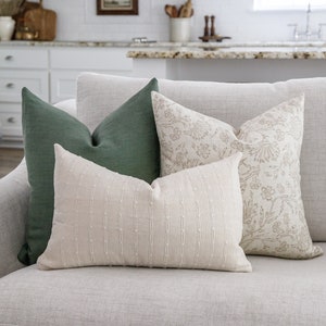 Earthy Pillow Cover Set: Green Linen, Floral Line Art, Cream Stripe - Etsy