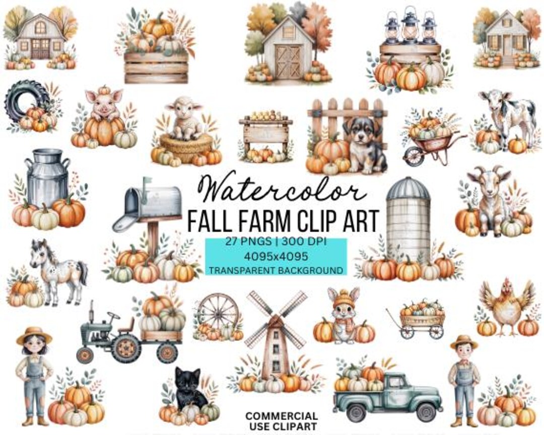 Watercolor Fall Farm Clipart: 27 PNG Illustrations (digital Download ...