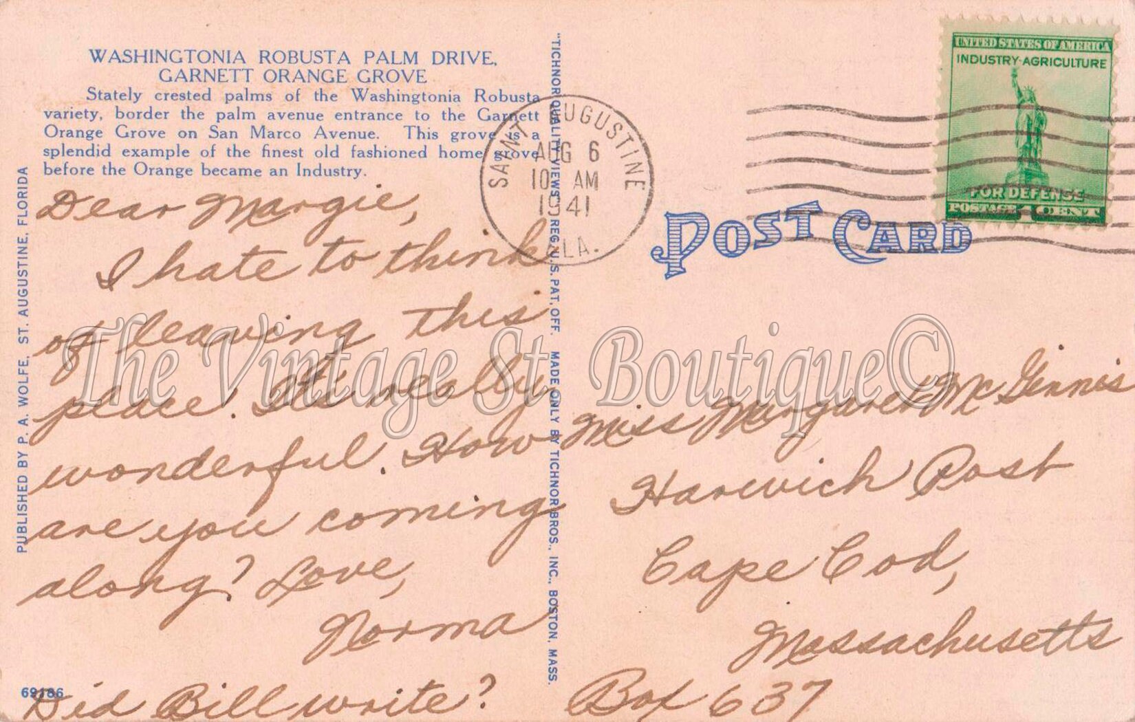 Vintage Linen Postcard/ Postcard From Florida/ St. Augustine, Florida ...