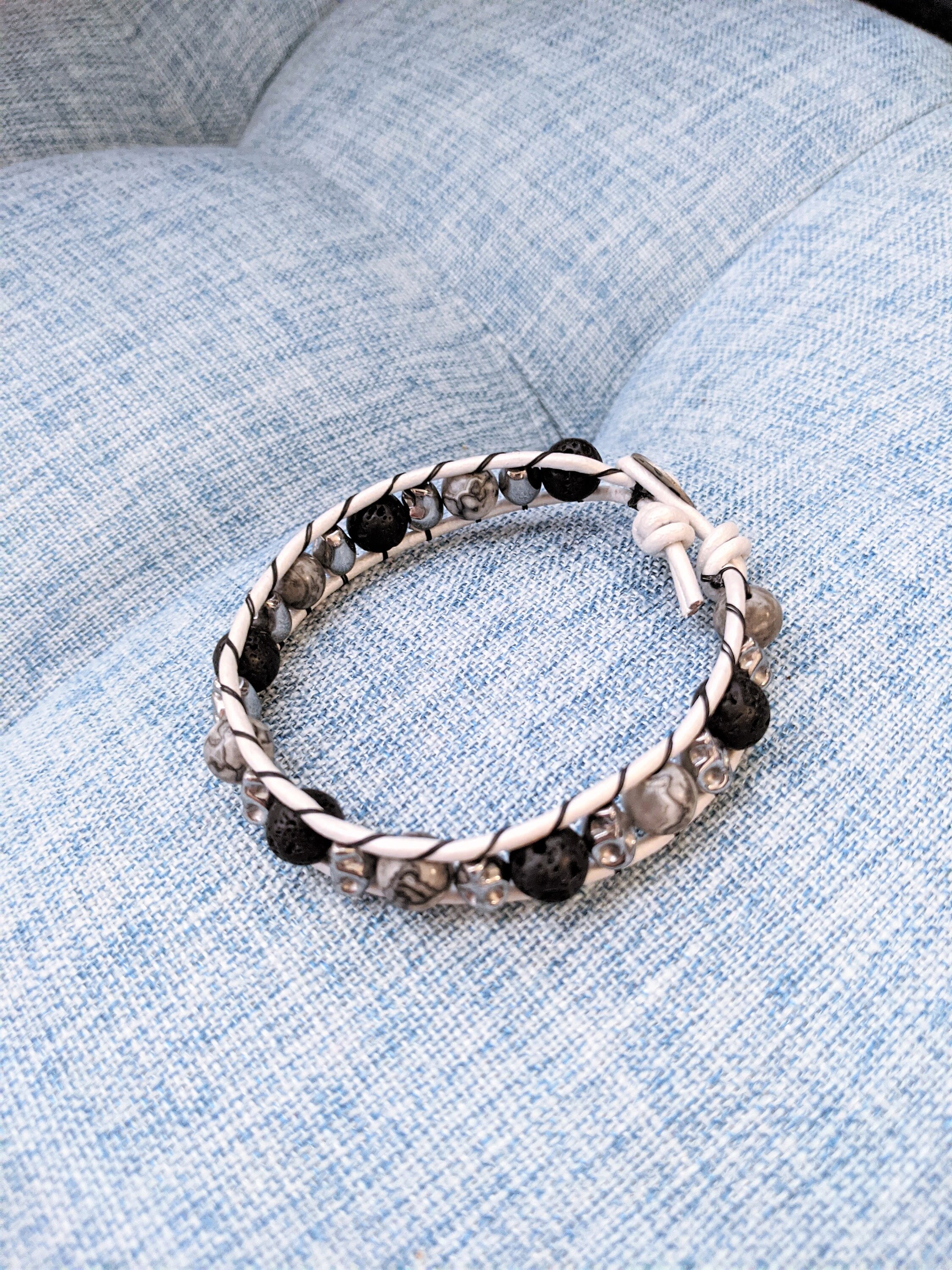Leather Ladder Stitch Bracelet - Black and White Skull - Etsy