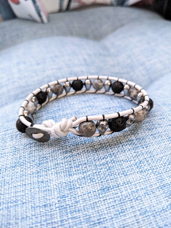 Leather Ladder Stitch Bracelet Black and White Skull | Etsy