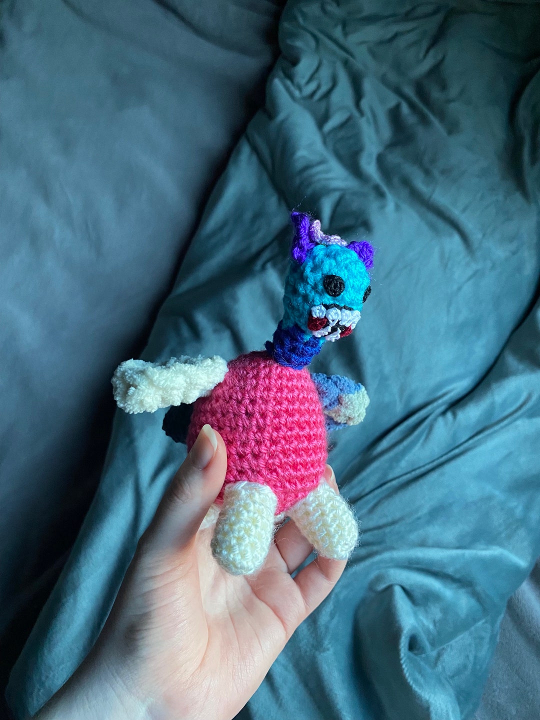 Mini Monster Plushie // Pink Blue White Fanged Winged Monster Amigurumi ...