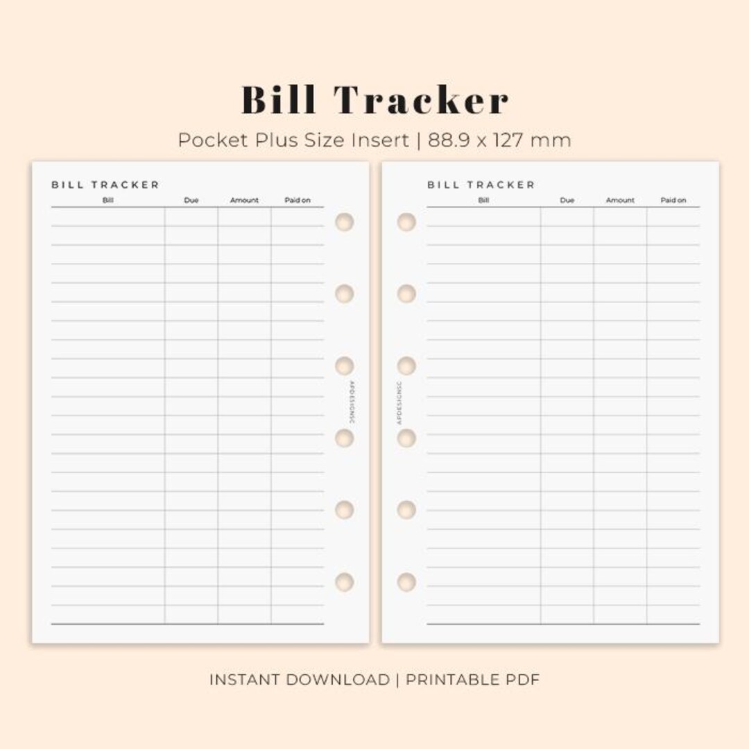 Bill Tracker Pocket Plus Printable, Planner Insert for Pocket XL Size ...